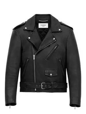Saint Laurent Zip Detailed Belted Biker Jacket - Black