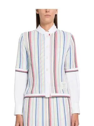 Thom Browne Striped Short-sleeve Knitted Cardigan - White