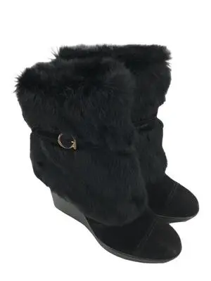 FERRAGAMO Suede Fur Wedge Ankle Boots - Black