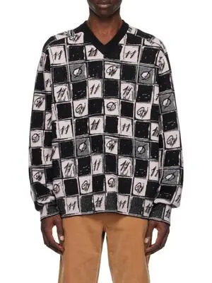 We11Done Ribbed Jacquard Logo V-neck Sweater - Black