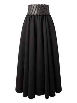 Alaïa Leather-trimmed Wool-gabardine Midi Skirt - Black
