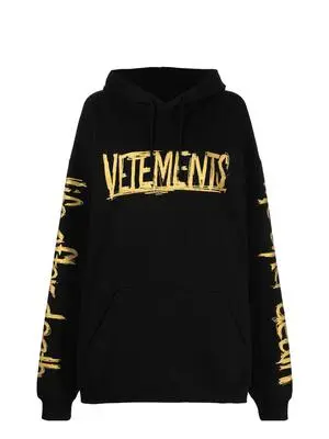 Vetements Logo Printed Hooded Hoodie - Black