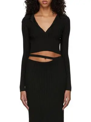 ANNA OCTOBER Anna October Black Ribbed V-Neck Long Sleeve Crop T-Shirt