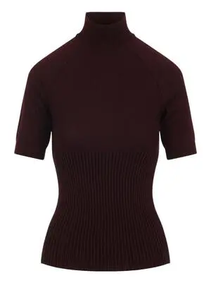 Alaïa Ribbed High Neck Top - Wine Red