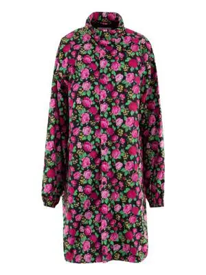 Balenciaga Floral Pattern Hooded Coat - Black