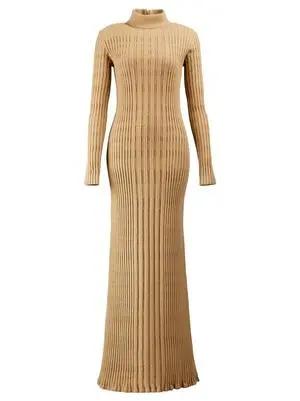 TOD'S Ribbed High Neck Long Knit Dress - Light Brown