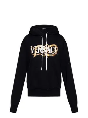 Versace Logo Print Drawstring Hoodie - Black