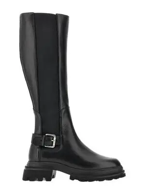 Hogan Knee-high Leather Boots With Buckle Detailing - Black