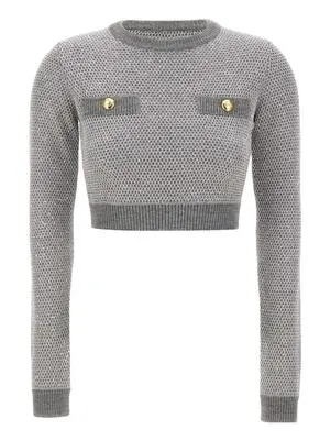 Elisabetta Franchi Sequined Knit Top With Jewel Buttons - Gray