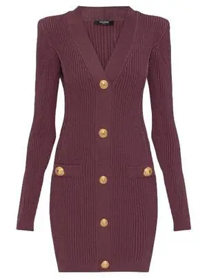 Balmain V-neck Ribbed Knit Mini Dress - Red
