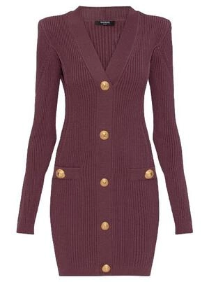 Balmain V-neck Ribbed Knit Mini Dress - Red