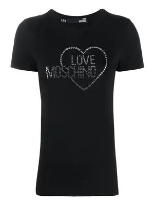 Moschino Round Neck Short Sleeve T-shirt With Embellished Heart Logo - Black