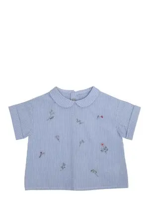 IL GUFO Floral Embroidered Short Sleeve Blouse - Blue