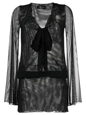Blumarine Sheer V-neck Front-tie Mini Dress - Black
