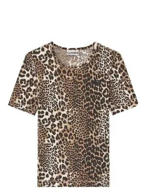 GANNI Ribbed Short Sleeve T-shirt With Logo - Leopard