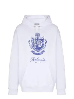 Balmain College Emblem Printed Drawstring Hoodie - White