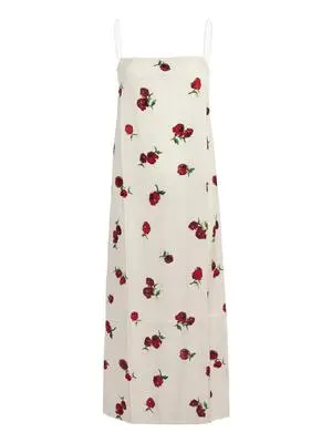 Khaite Cream Raspberry Print Spaghetti Strap Dress - Raspberry/cream