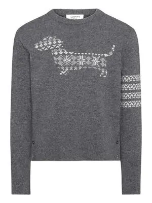 Thom Browne Long Sleeve Crewneck Sweater With Dog Motif - Gray