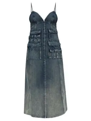 DIESEL® Zip-up Denim Midi Dress With Spaghetti Straps And Raw-edge V-neckline - Gray