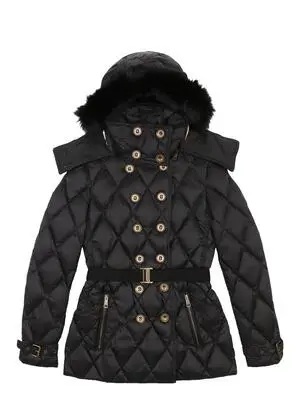 Burberry Quilted Hooded Down Jacket With Fox Fur Trim - Black