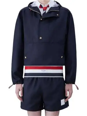 Thom Browne Hooded Jacket With Signature Stripes - Navy Blue