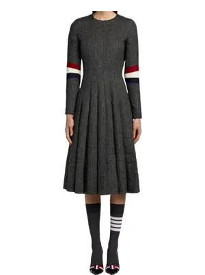 Thom Browne Wool Pleated Midi Dress With Signature Striped Sleeves - Medium Gray