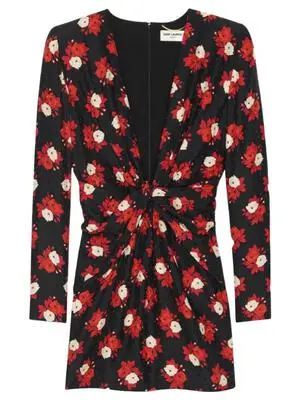 Saint Laurent V-neck Printed Long-sleeved Dress - No