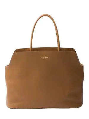 Prada Large Leather Tote Bag With Embossed Logo - Brown
