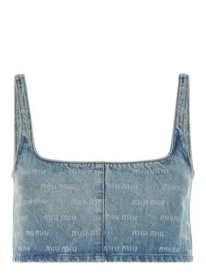 Miu Miu Sleeveless Cropped Top With All-over Logo Print - Blue
