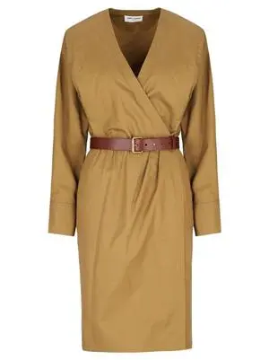 Saint Laurent V-neck Belted Dress - Brown