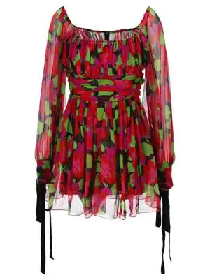 Saint Laurent Floral Printed Long Sleeve Dress - Multicolor