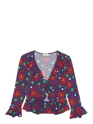 Saint Laurent Ruffled Floral Print V-neck Blouse - Multicolor