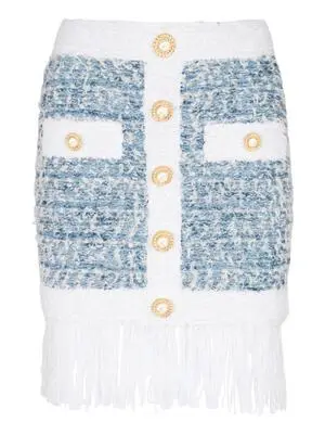Balmain Buttoned Fringed Tweed Mini Skirt - White