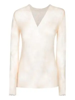 Alberta Ferretti Long Sleeve V-neck Lace Top - White