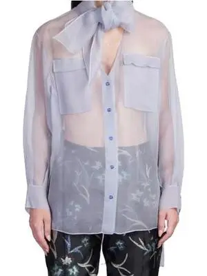 Giorgio Armani Sheer Organza Shirt With Bow Detail - Gray