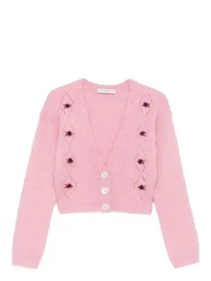 Alessandra Rich Rose Embroidered Button Cardigan - Pink
