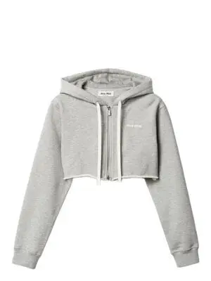 Miu Miu Cropped Zip-up Hoodie With Embroidered Logo - Grey