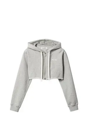 Miu Miu Cropped Zip-up Hoodie With Embroidered Logo - Grey