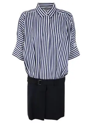 Sacai Striped Shirt Dress With Chest Patch Pocket And Belted Skirt - No