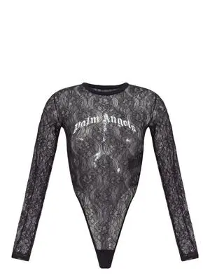 Palm Angels Lace Logo Bodysuit With Long Sleeves - Black