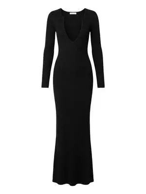 AYA MUSE Ribbed Plunge Neck Long Sleeve Maxi Dress - Black