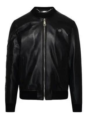 Philipp Plein Embossed Logo Leather Bomber Jacket - Black