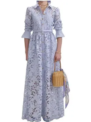 SELF-PORTRAIT Self-Portrait Lace Collared Maxi Dress Blue