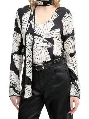Karl Lagerfeld Printed Fluid Blouse With Neck Tie - Black Off-white