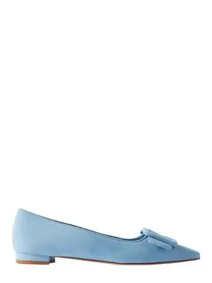 Manolo Blahnik Maysale Suede Point-toe Flats With Buckle Detail - Blue