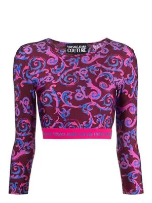 Versace Barocco Print Cropped Long Sleeve Top - Red