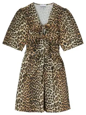 GANNI GANNI Tie-Front Short Sleeve Dress Leopard Print