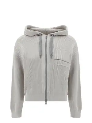 Brunello Cucinelli Rib Knit Drawstring Hoodie - Gray
