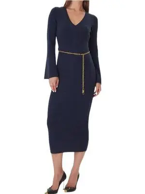 Michael Kors Wool Blend Belted Midi Dress - Dark Blue