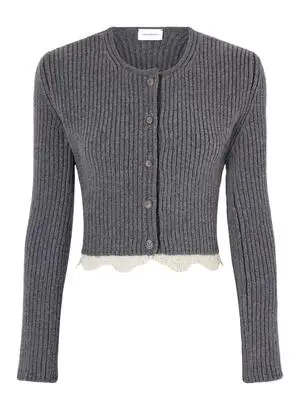 Magda Butrym Cropped Lace-trimmed Ribbed Wool Cardigan - Grey